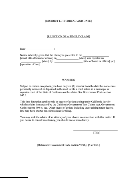 Rejection of a Timely Claim Template (Sample Letter) | Tuolumne JPA