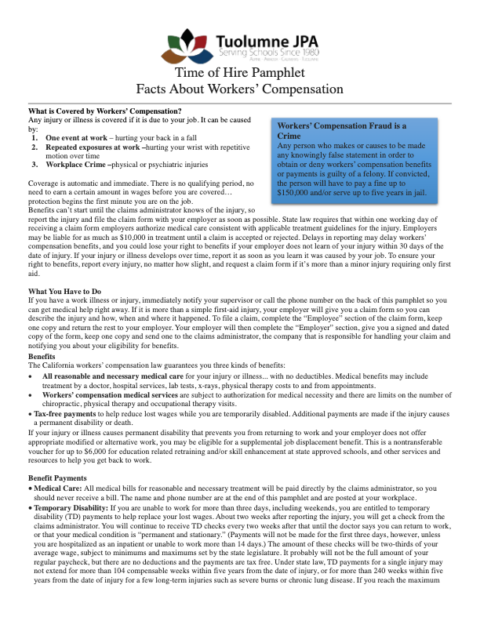 Time of Hire Pamphlet: Facts About Workers’ Compensation | Tuolumne JPA