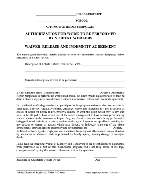Authorization & Waiver for Vehicle Repairs by Student Workers ...