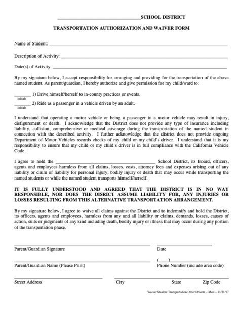 Student Transportation Authorization & Waiver Form | Tuolumne JPA