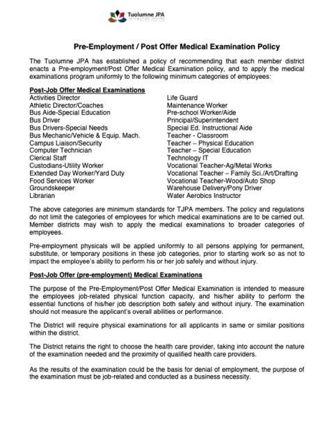 Pre-Employment/Post Offer Medical Examination Policy | Tuolumne JPA