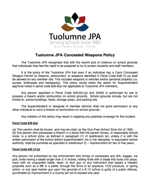 Concealed Weapons Policy | Tuolumne JPA